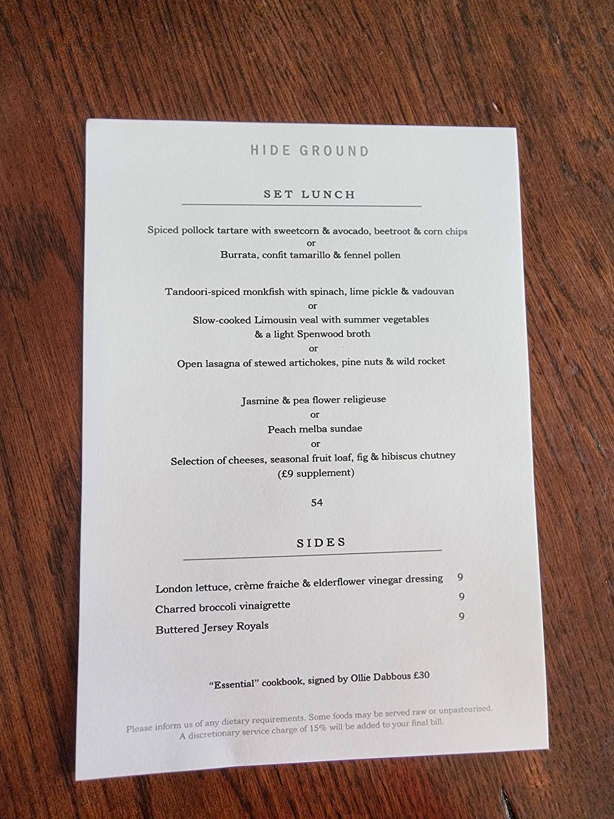 Menu at HIDE pub & bar, London, 85 Piccadilly
