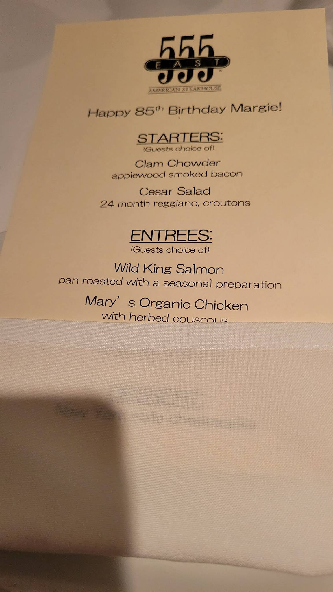 Menu at 555 East American Steakhouse, Long Beach