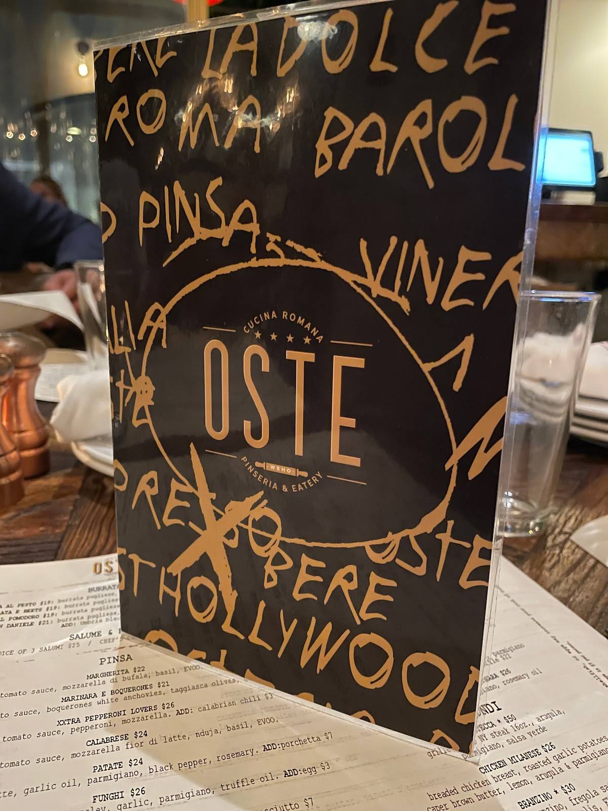Menu at Oste pizzeria, Los Angeles