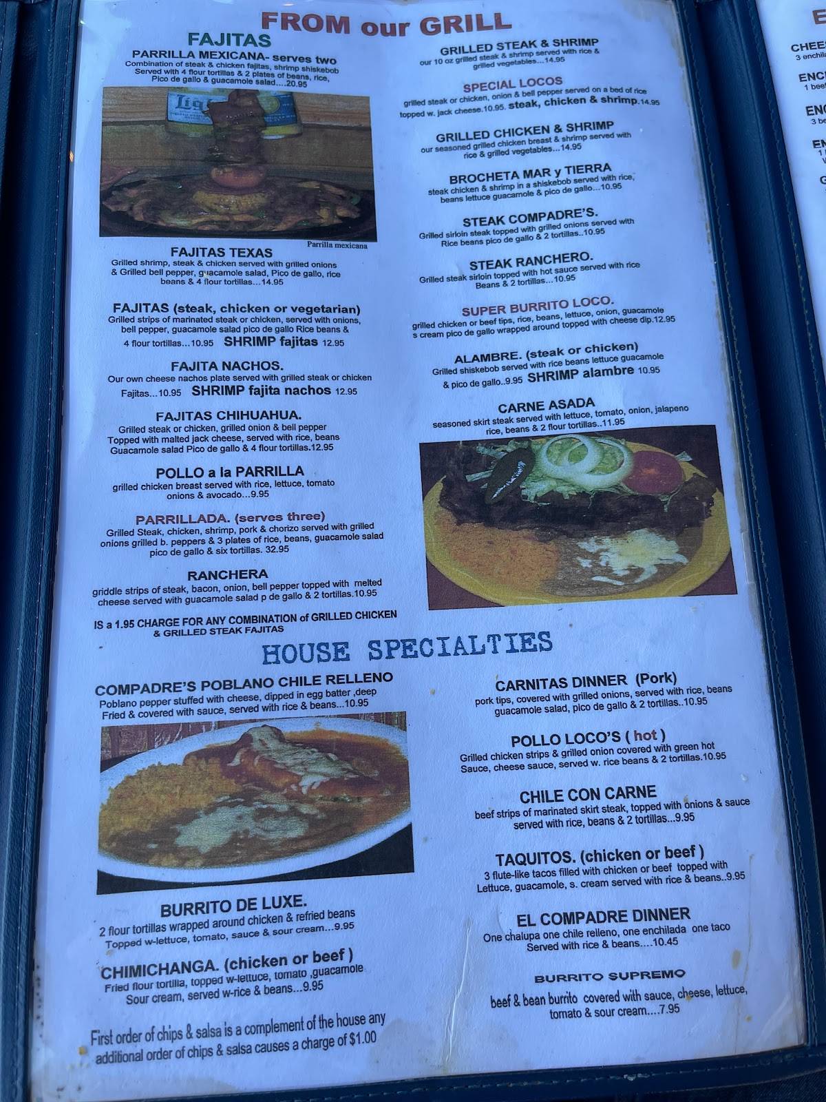 Menu at Los Compadres restaurant, Cordele