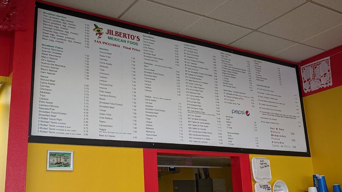Menu at Los Jilbertos Mexican Fast Food, Wellington