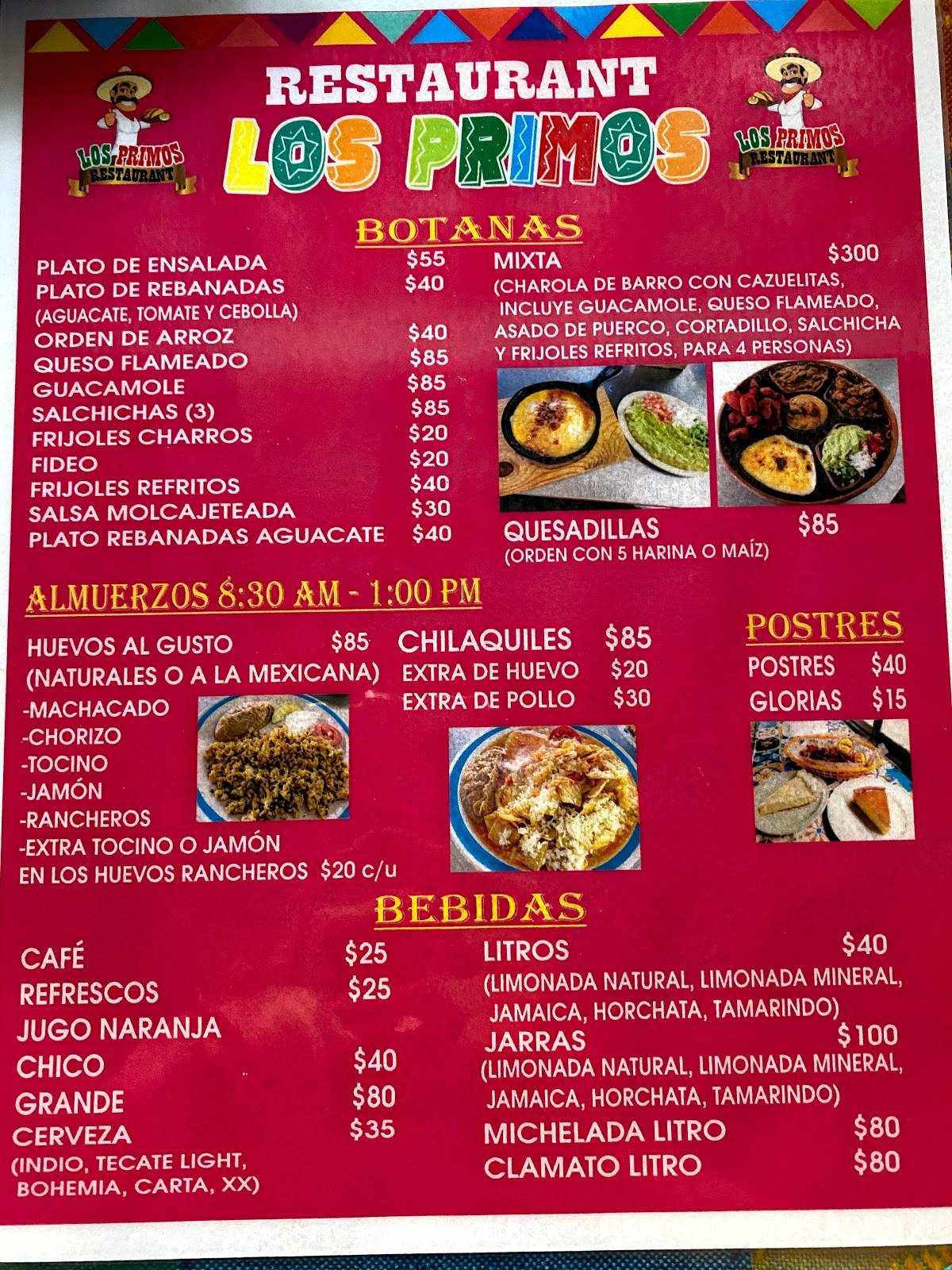 Menu at Los Primos restaurant, García