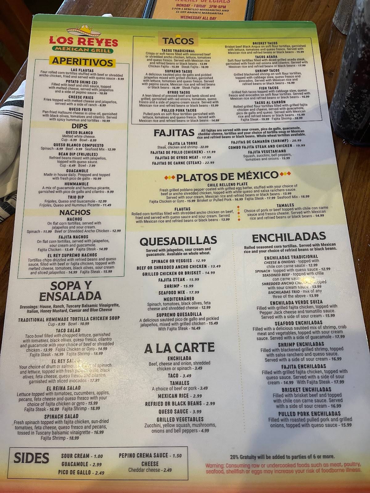 Menu at Los Reyes Mexican Grill restaurant, Baton Rouge, Coursey Blvd