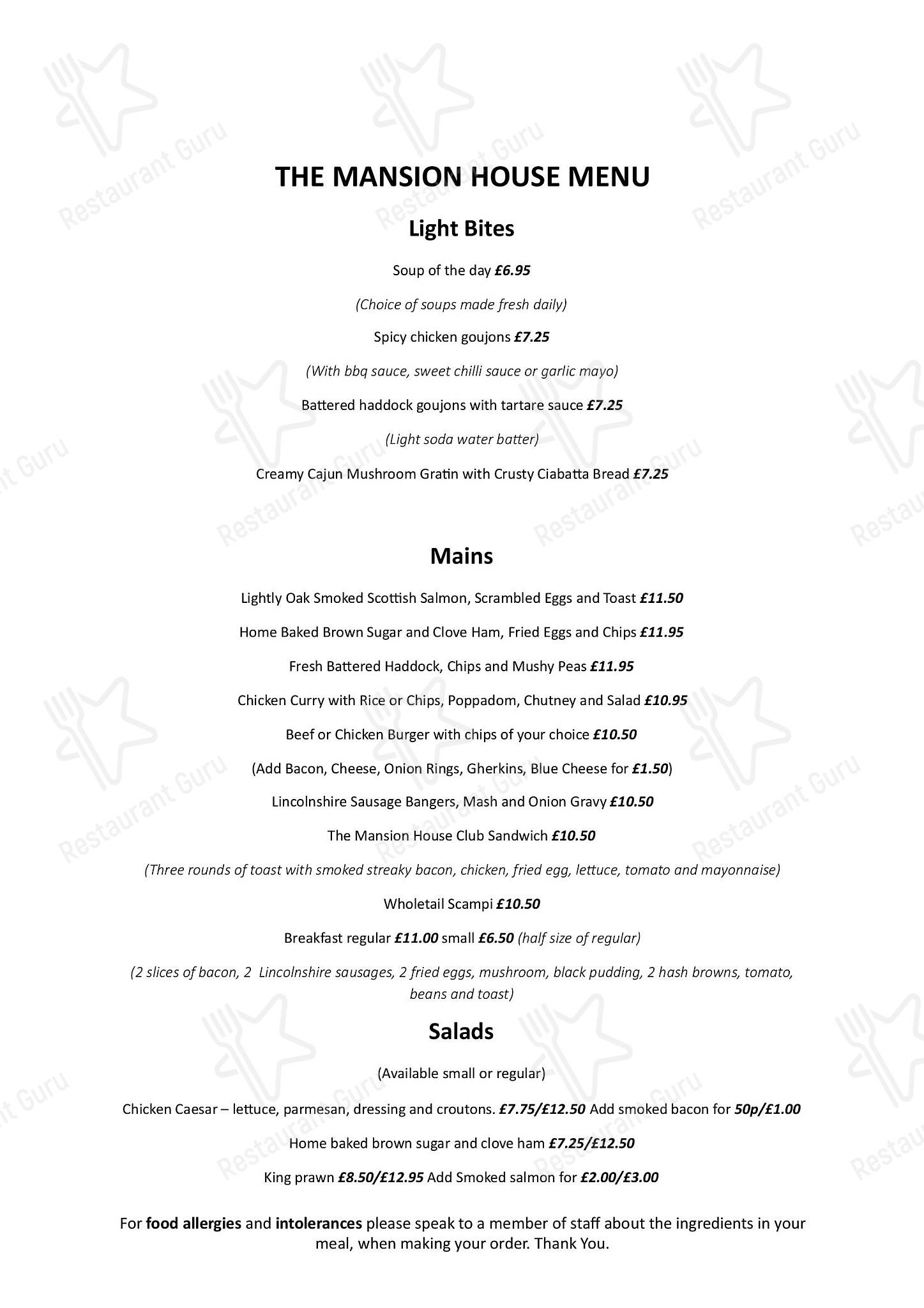 Menu at The Mansion House restaurant, Louth