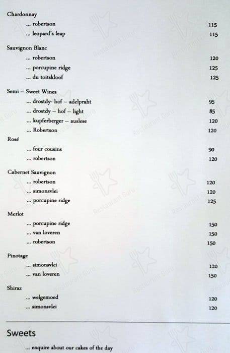 Menu at Lua A Baker's Cafe, Johannesburg