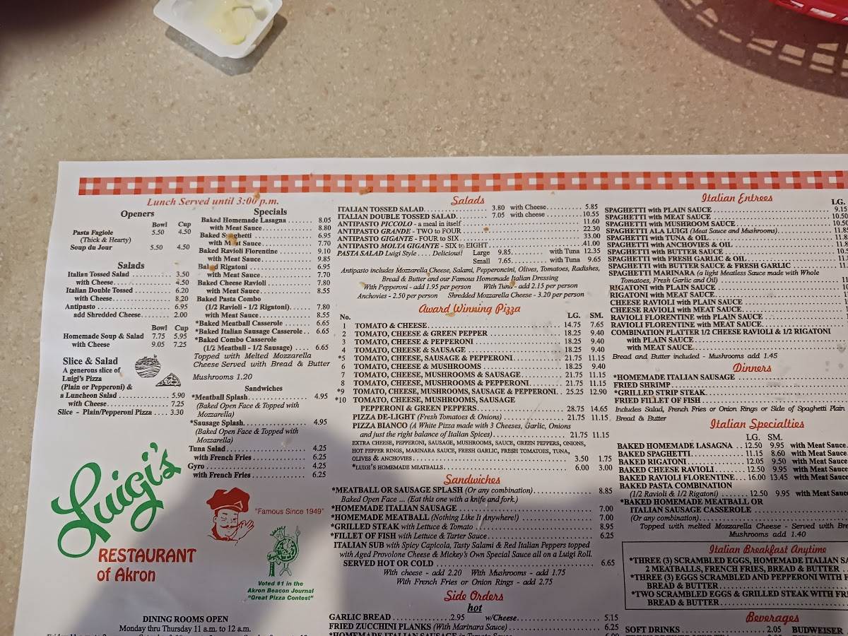 Menu at Luigi's Restaurant, Akron