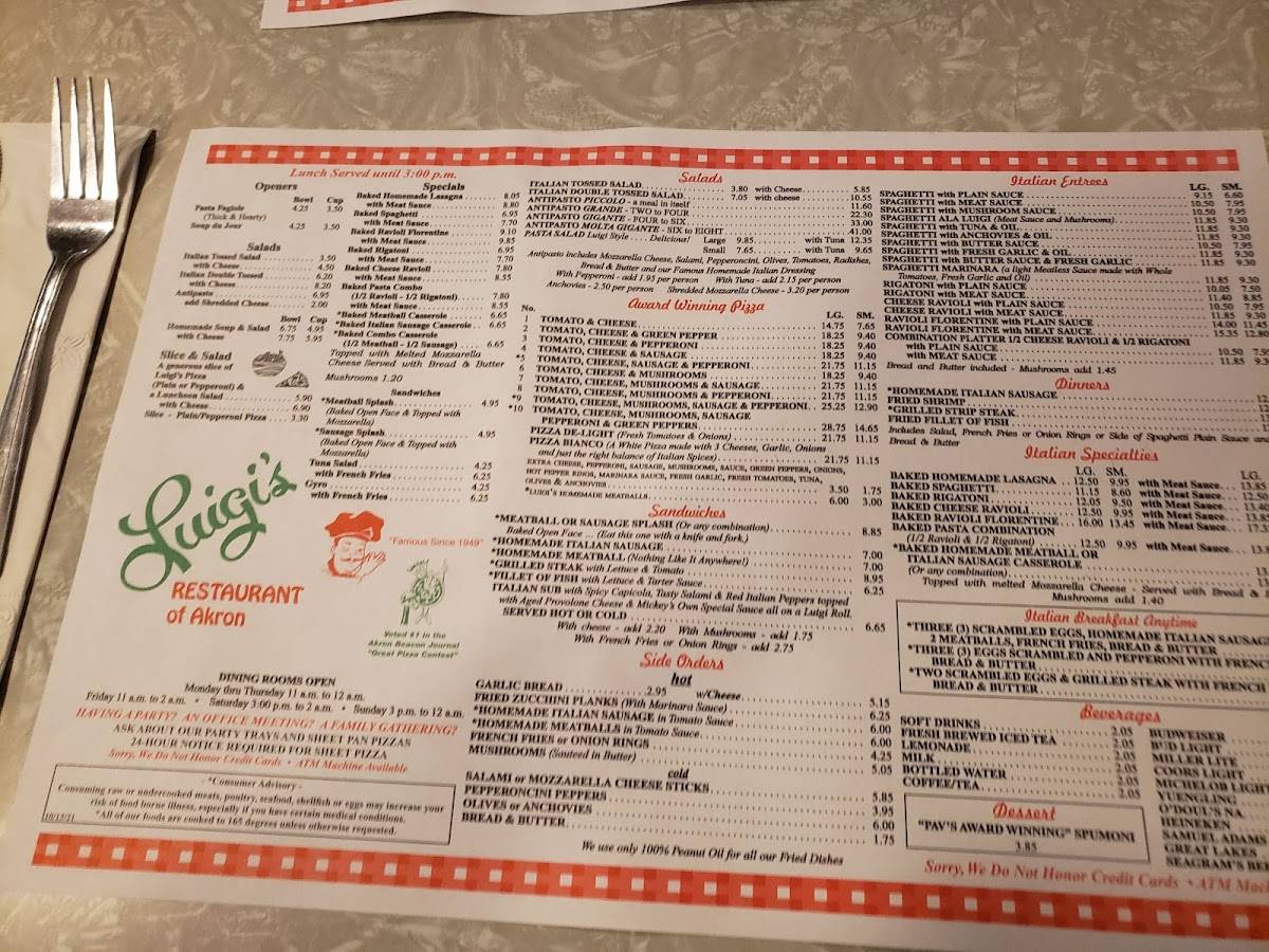Menu at Luigi's Restaurant, Akron