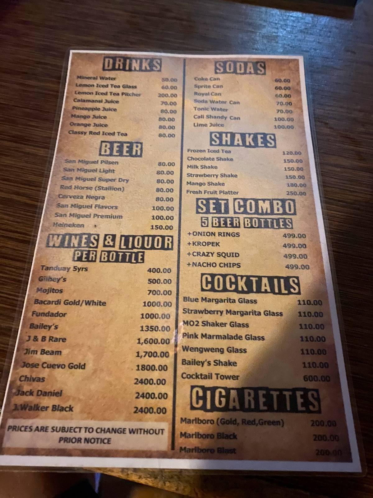 Menu at MO2 Restobar Cebu, Mandaue City, Cebu N Rd
