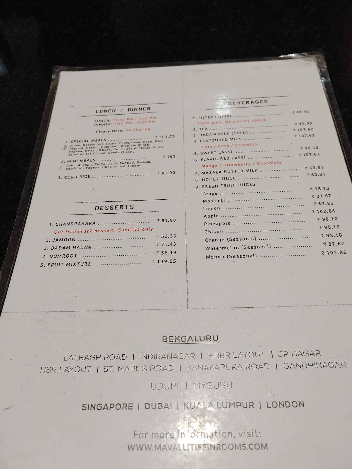 Menu at MTR, Bengaluru, 305