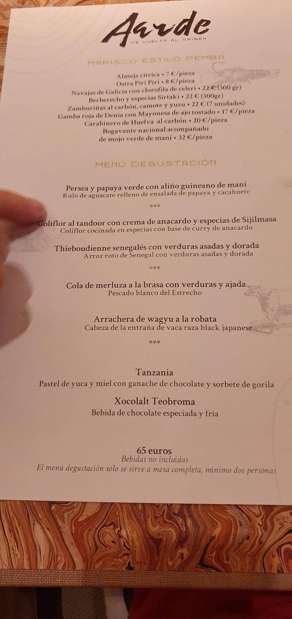 Menu at Aarde restaurant, Madrid