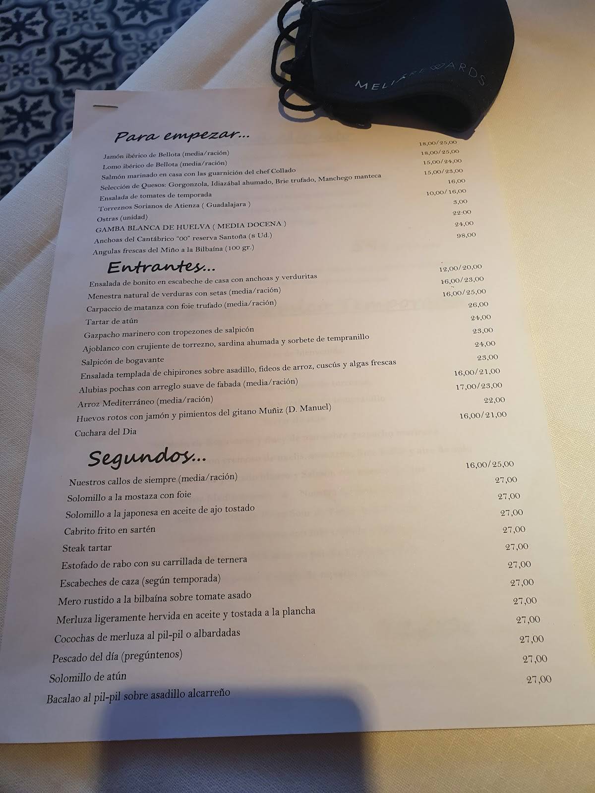 Carta de Restaurante Amparito Roca, Madrid, Calle Juan Bravo