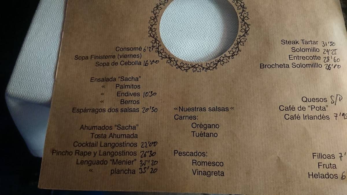 Menu at Sacha Restaurant, Madrid