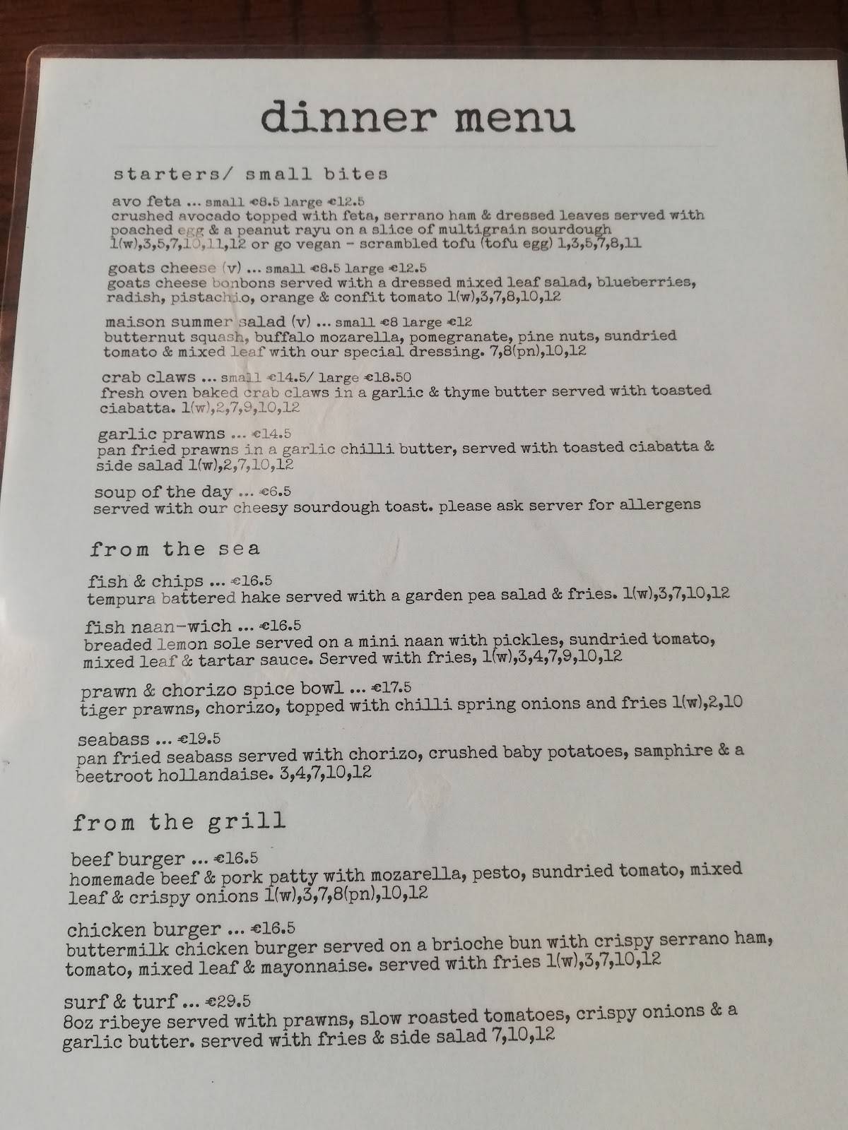 Menu at Maison Moli restaurant, Bray