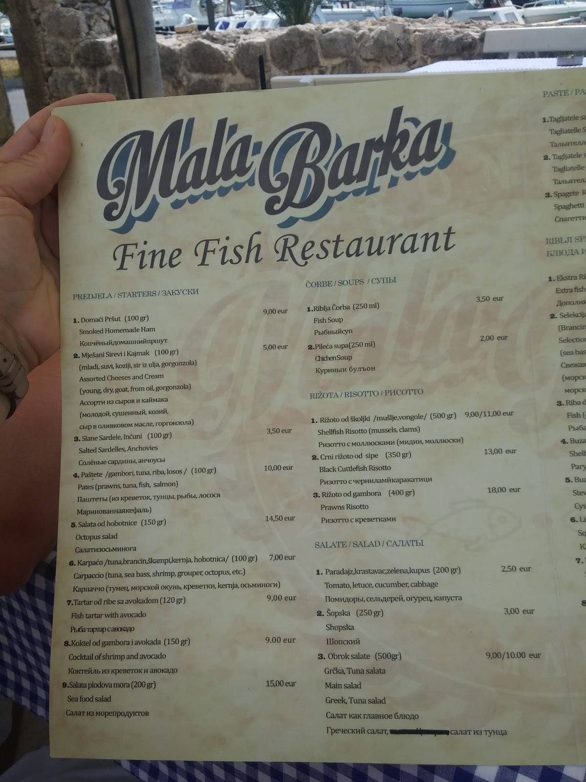 Menu at Mala Barka, Tivat