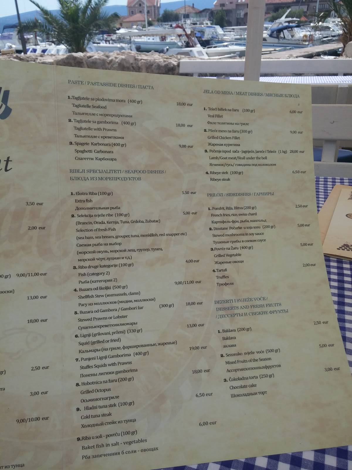 Menu at Mala Barka, Tivat