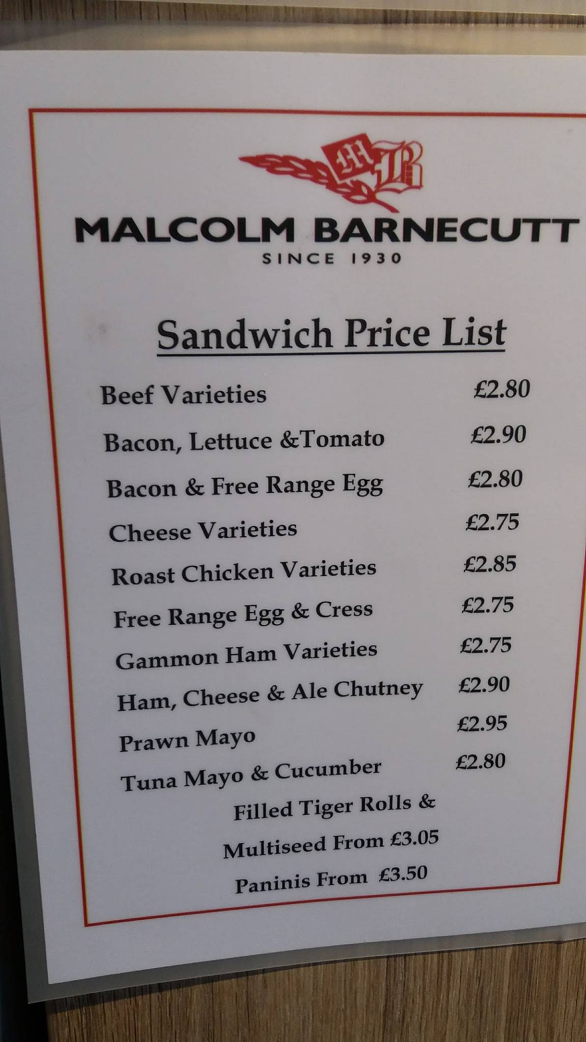 Menu at Malcolm Barnecutt Bakery Bodmin Lucknow Road, Bodmin, Walker ...