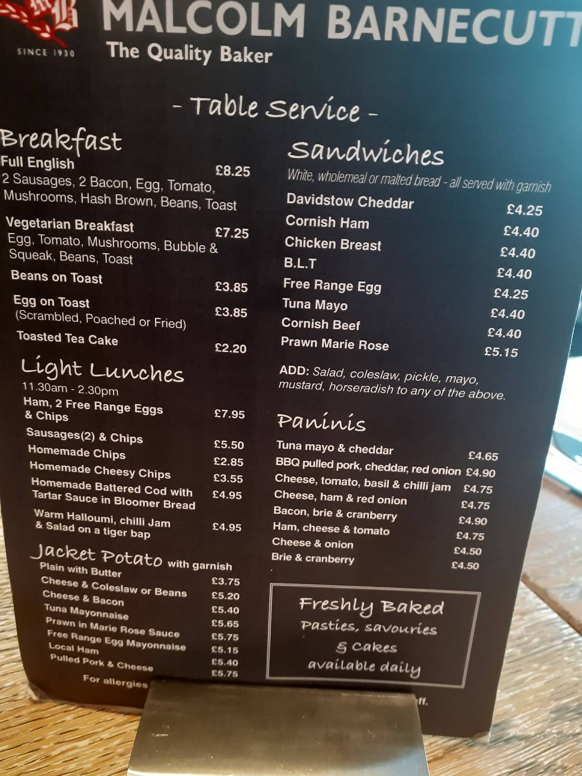 Menu at Malcolm Barnecutt Bakery Bodmin Lucknow Road, Bodmin, Walker ...