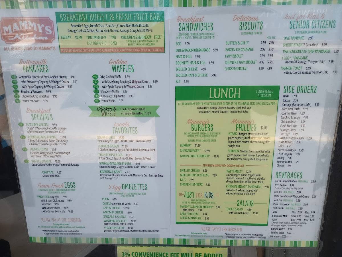 Menu at Mammy's Kitchen restaurant, Myrtle Beach, N Kings Hwy