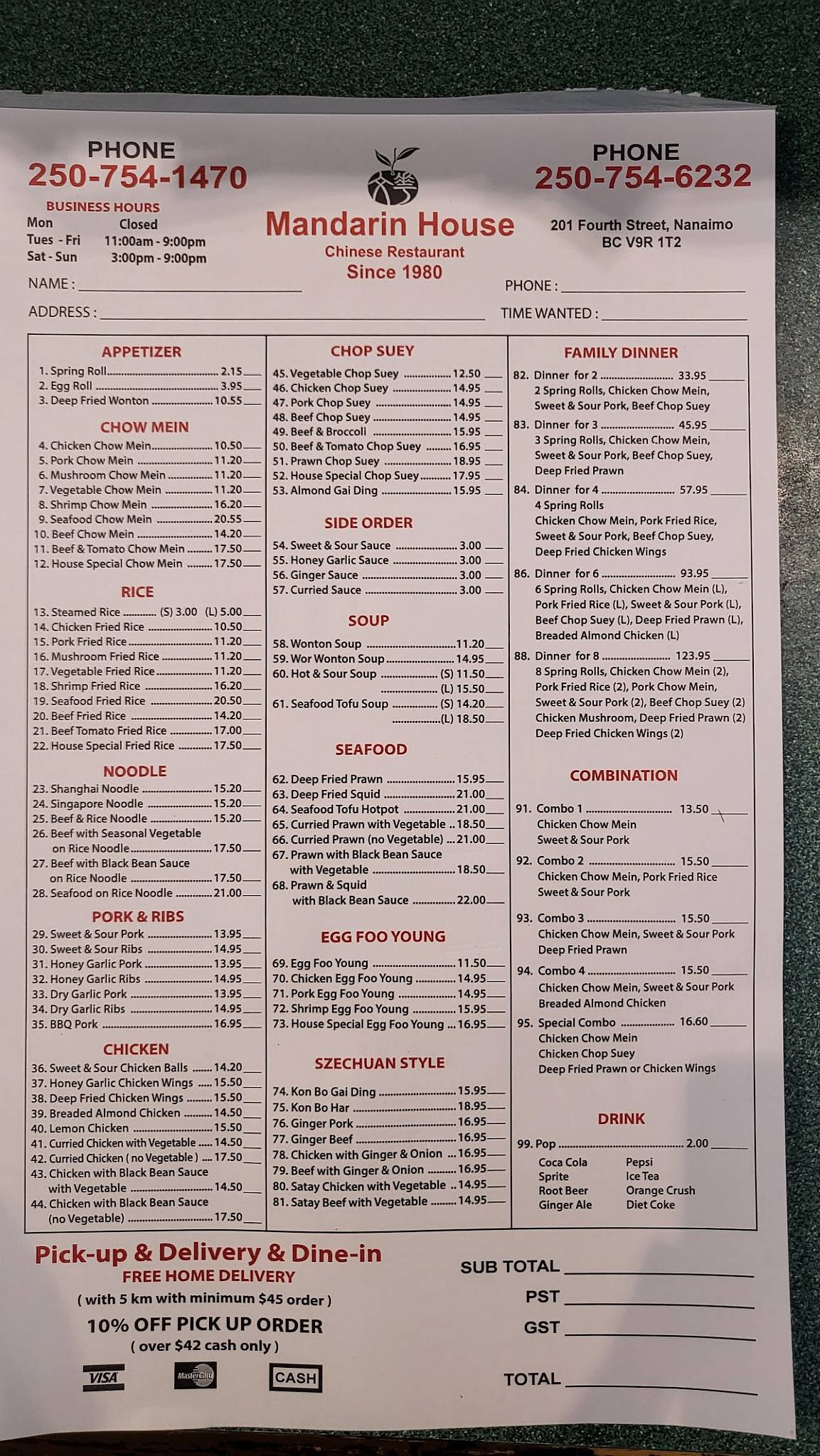 Menu at Mandarin House restaurant, Nanaimo