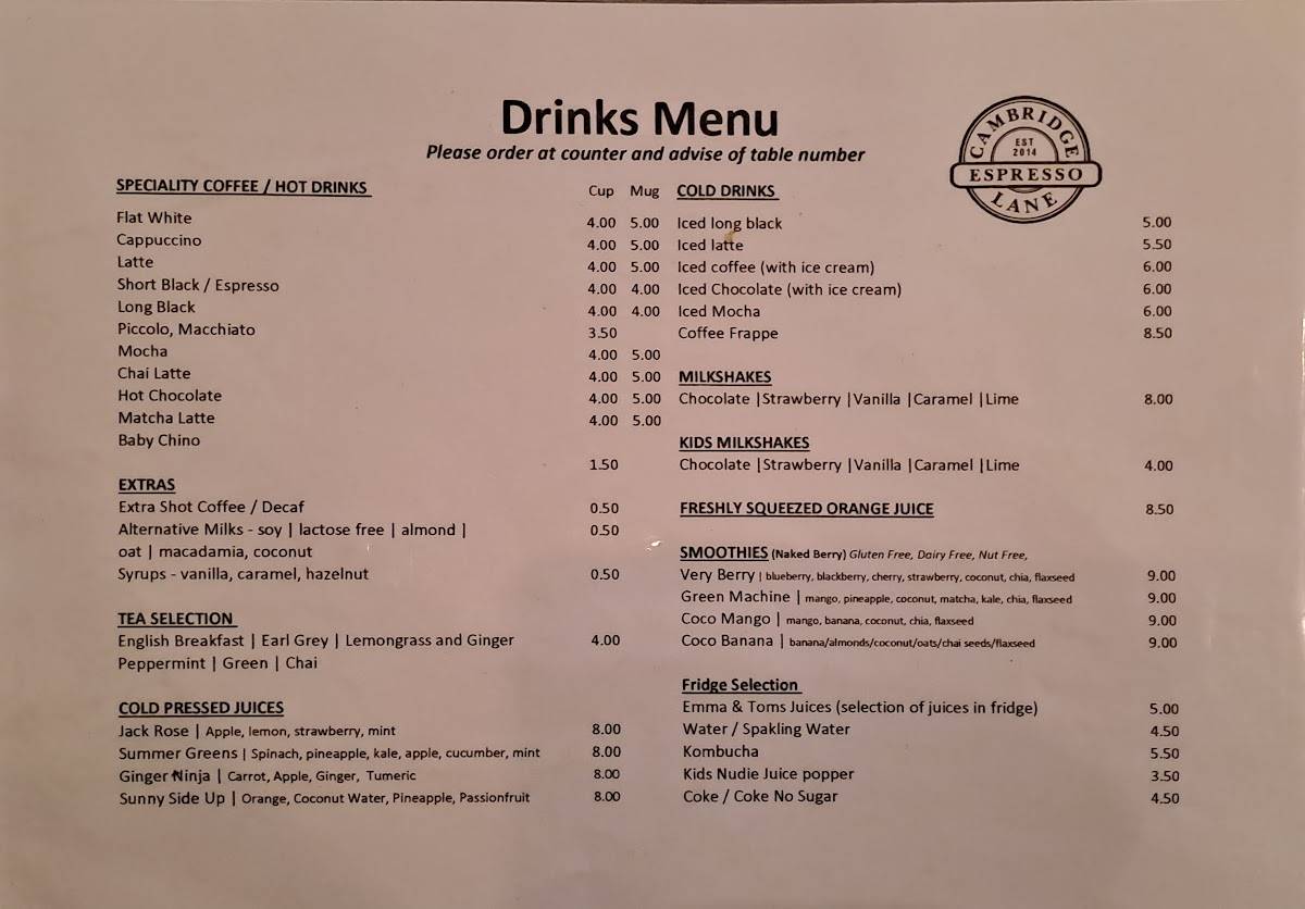 Menu at Cambridge Lane Espresso + Kitchen restaurant, Manly