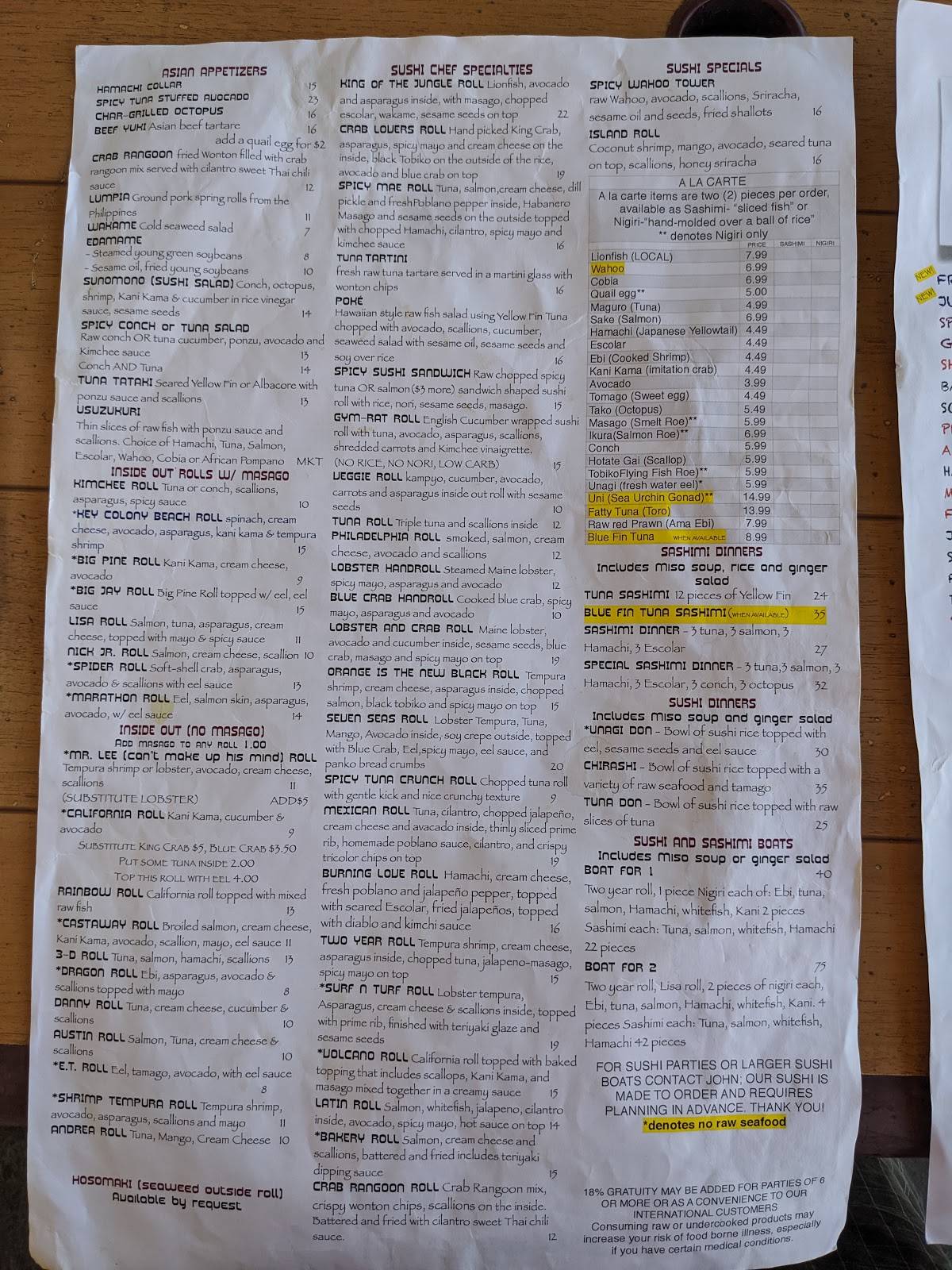 Menu at Castaway Waterfront Restaurant & Sushi Bar, Marathon, Ocean ...