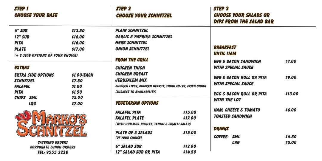 Menu at Marko's Schnitzel restaurant, Moorabbin