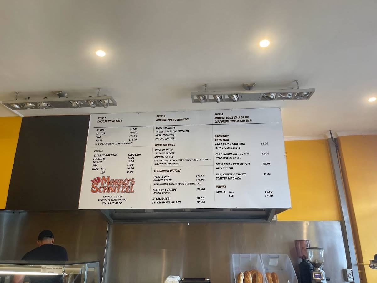 Menu at Marko's Schnitzel restaurant, Moorabbin