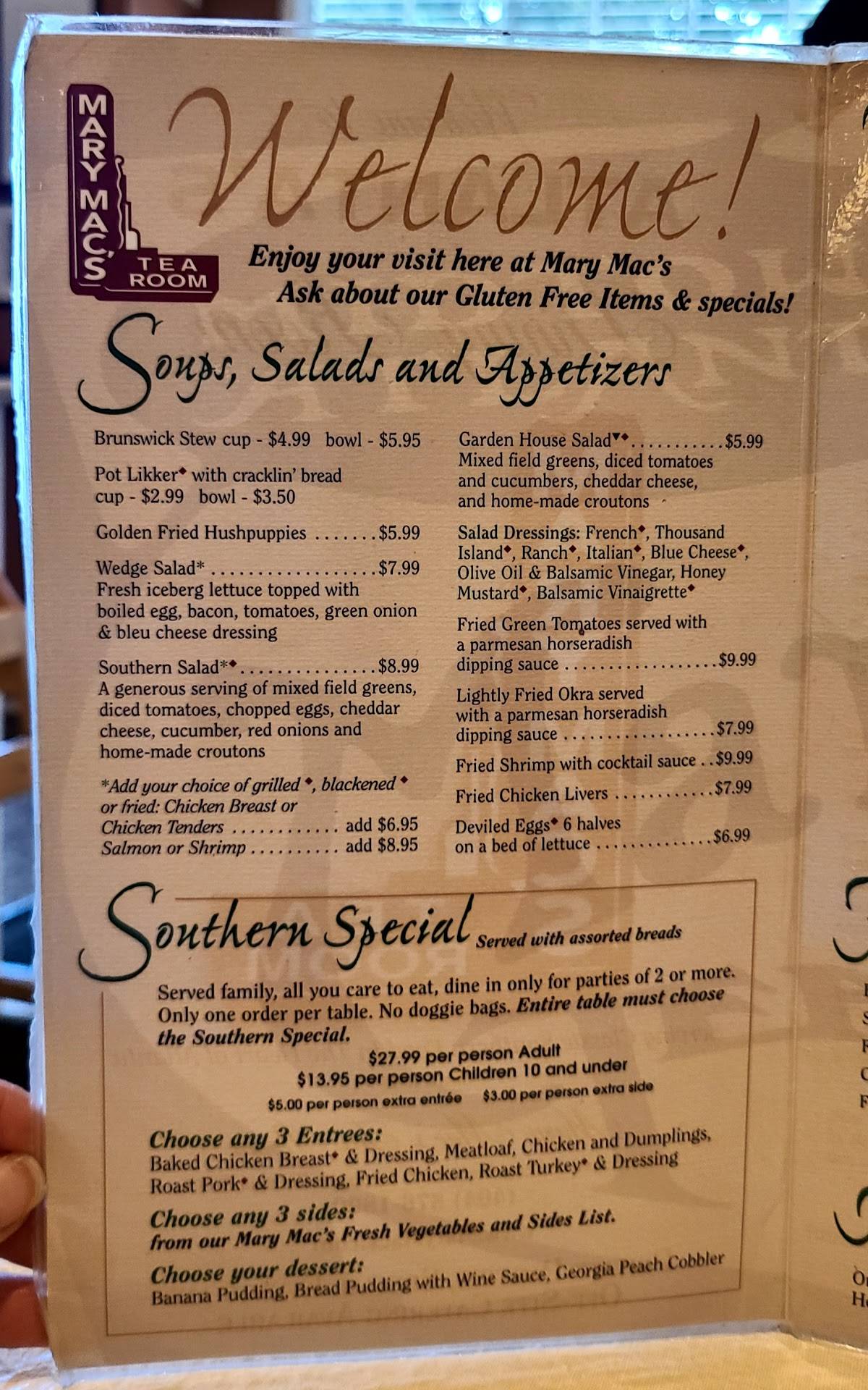 Menu at Mary Mac's Tea Room pub & bar, Atlanta