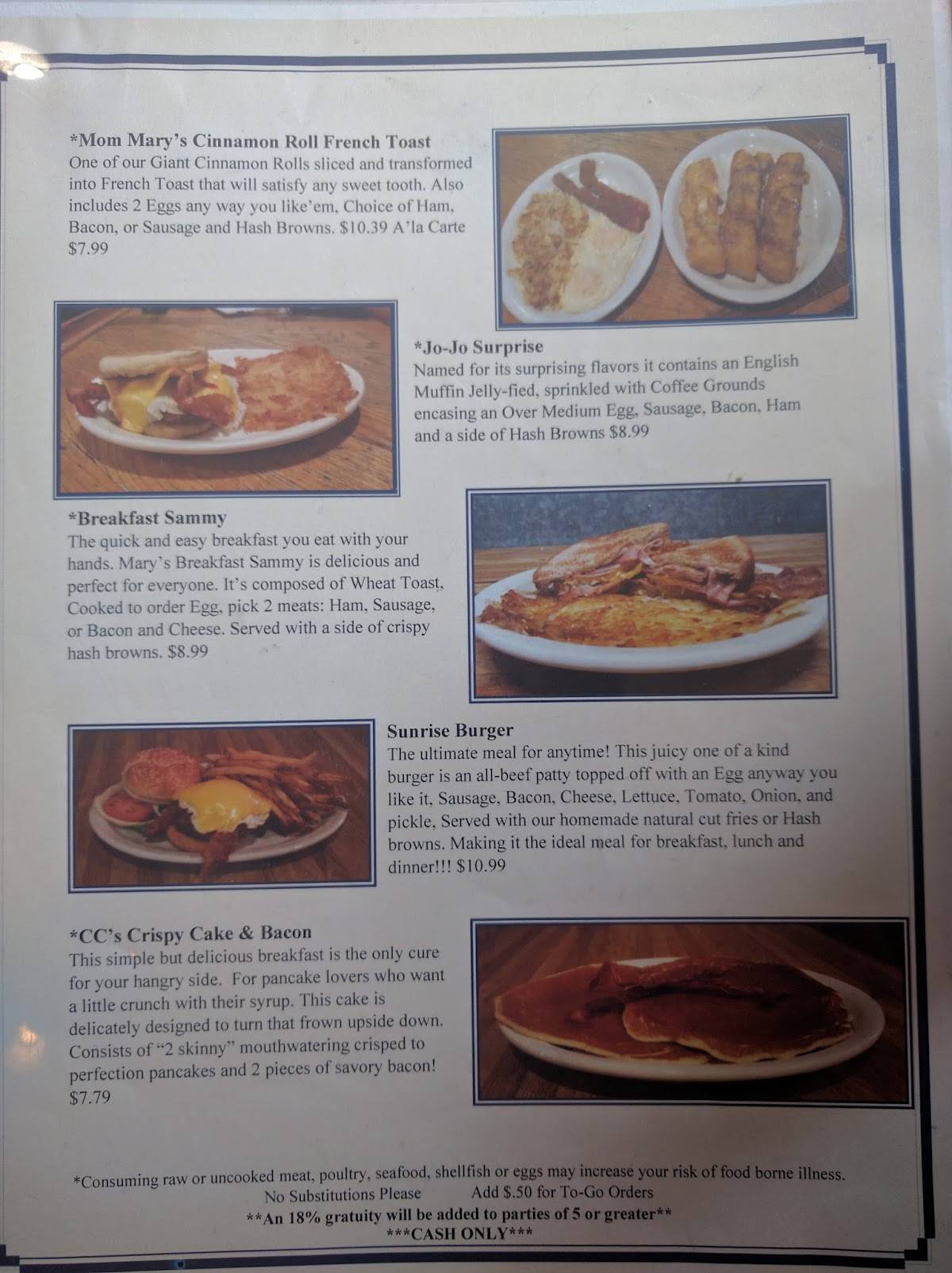 Menu at Mary's Cafe, Flagstaff, US-89