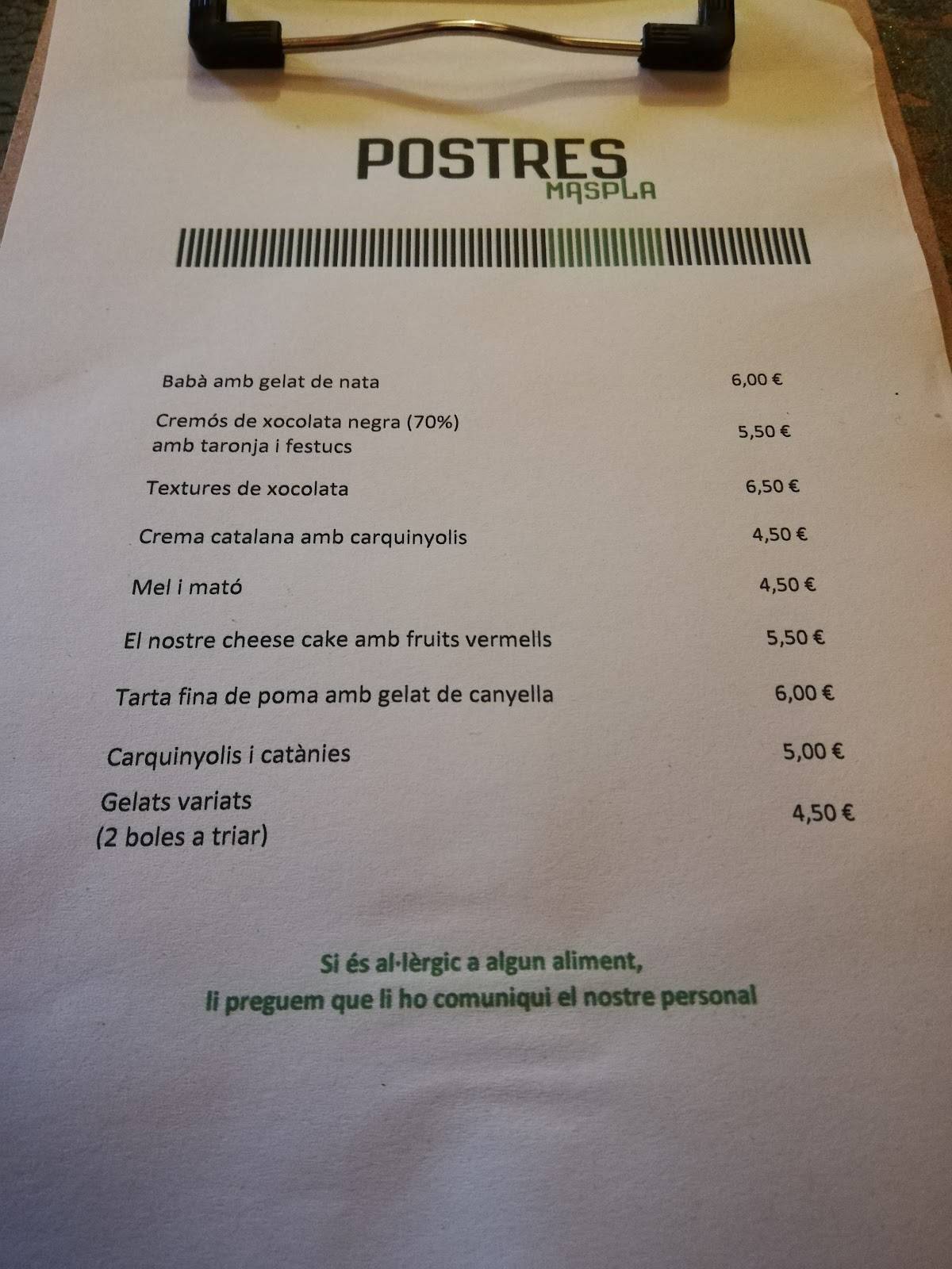 Menu at Mas Pla Restaurant, Spain