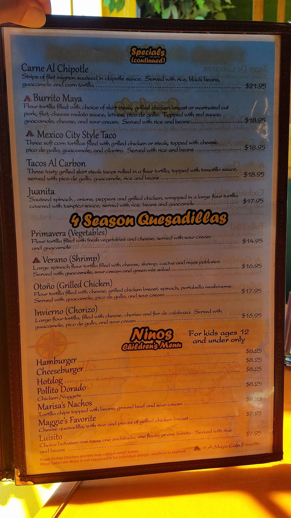 Menu at Maya Cafe, Fishkill