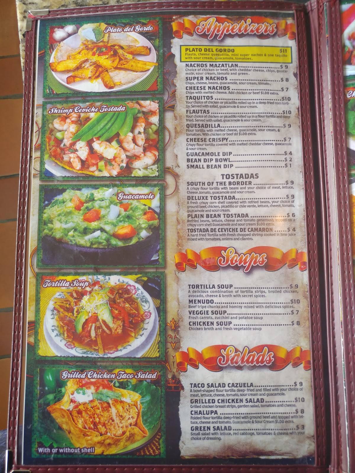 Menu at Mazatlan Mexican Restaurant, Pendleton