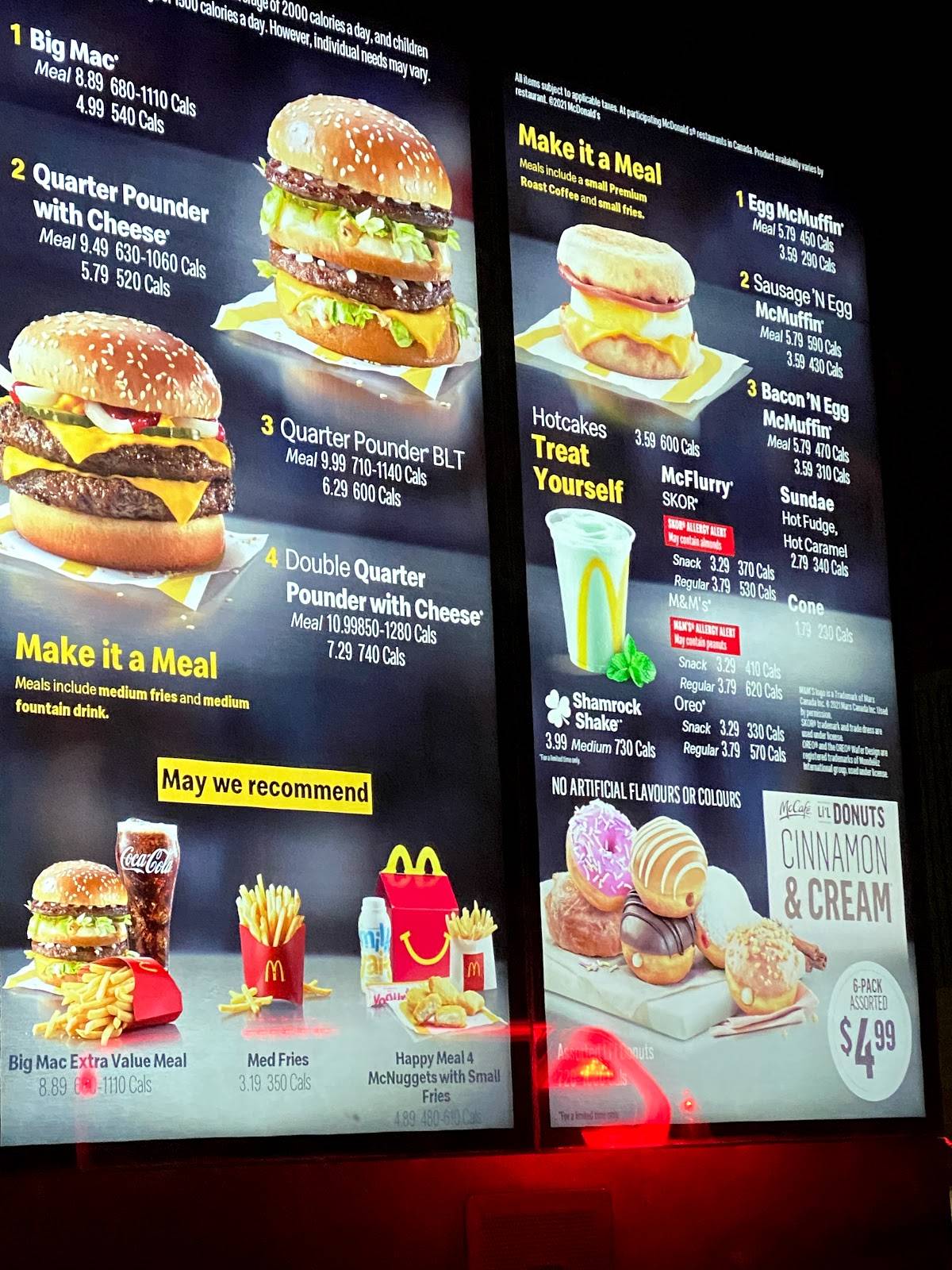 Menu at McDonald’s fast food, Saint John, 635 Fairville Blvd