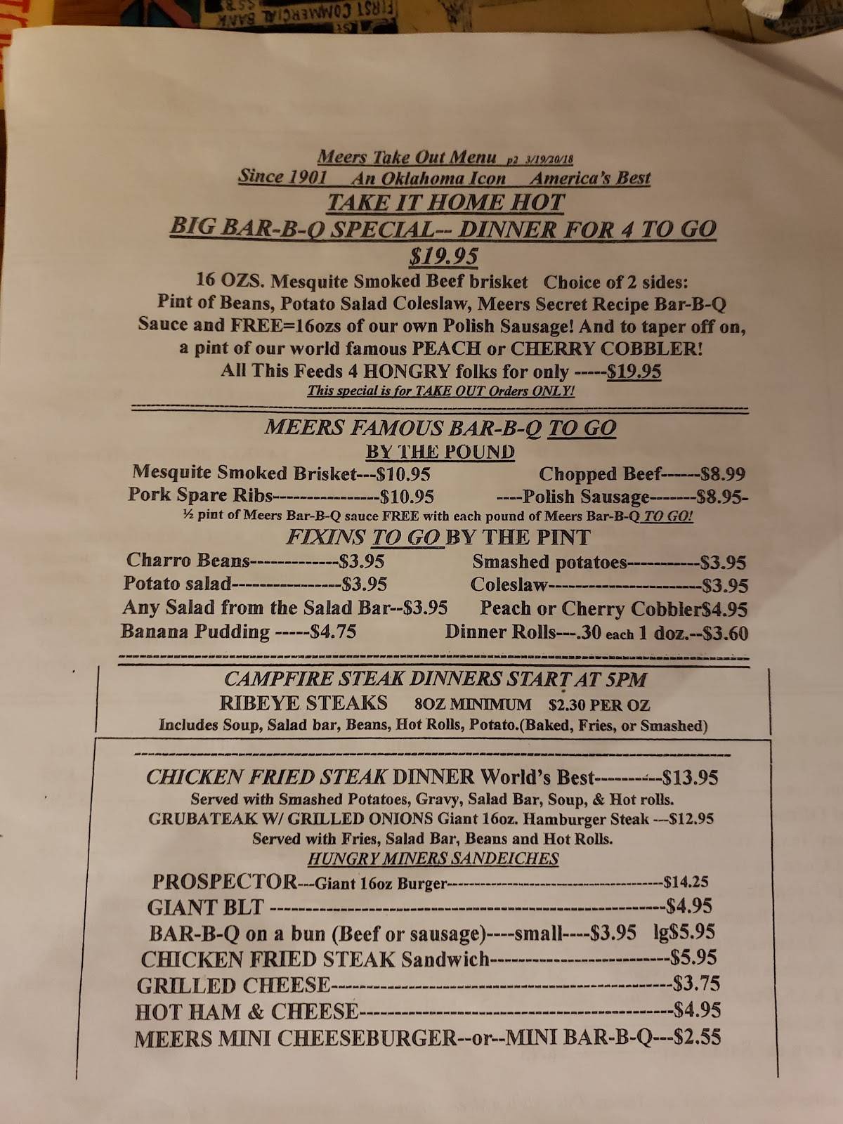 Menu at Meers Store and Restaurant, Meers