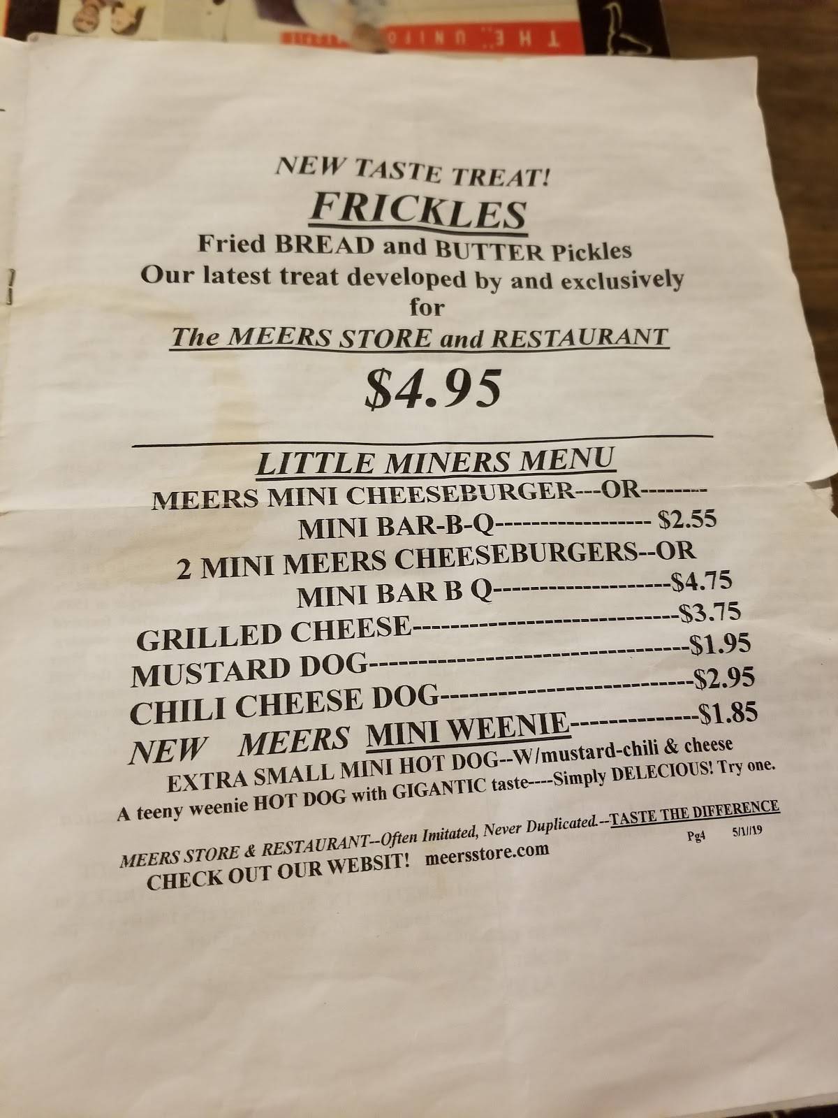 Menu at Meers Store and Restaurant, Meers
