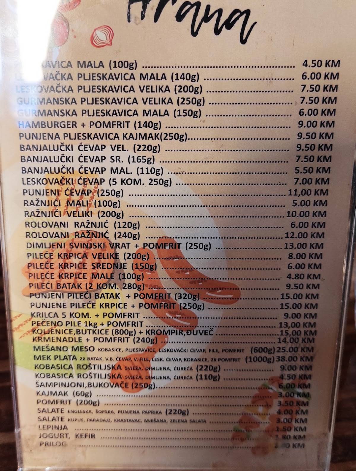 Menu at Mek restaurant, Banja Luka