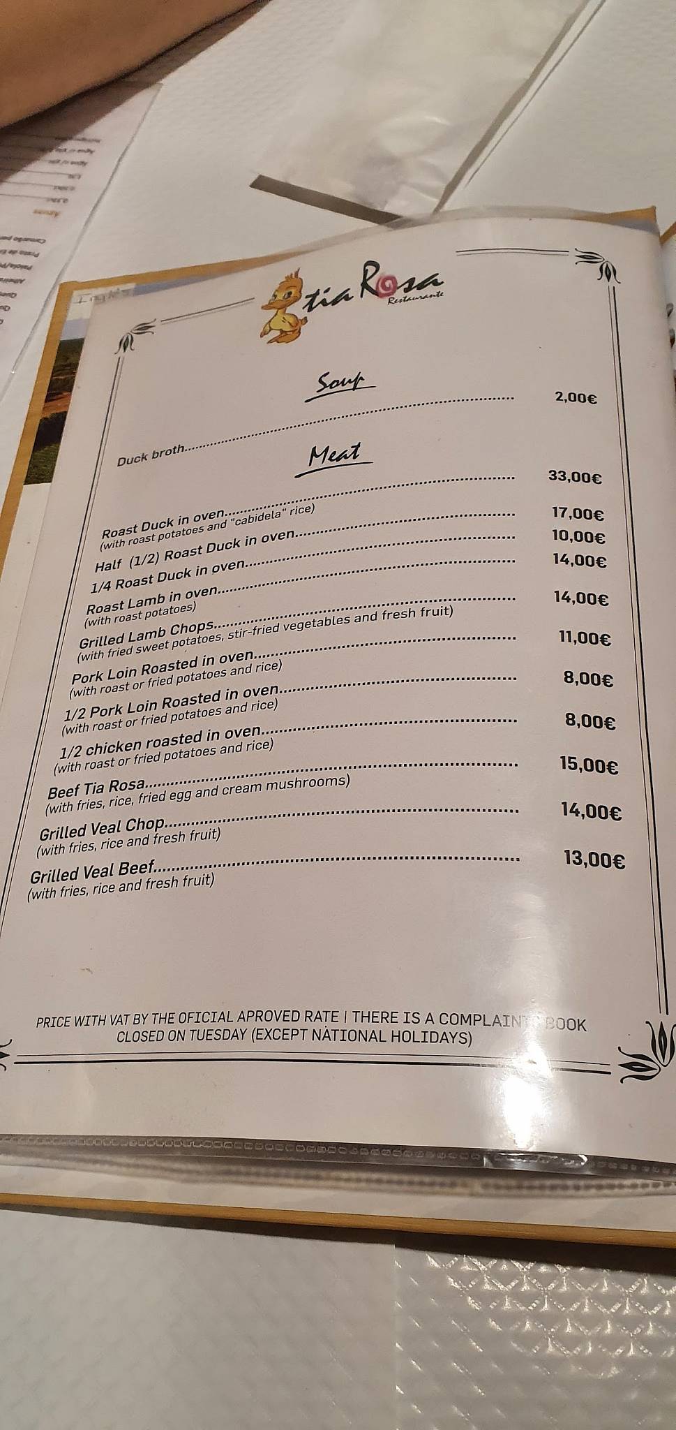 Menu at Tia Rosa restaurant, Melides, Fontainhas do mar