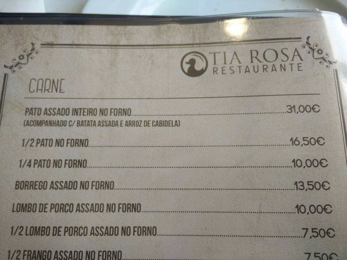 Menu at Tia Rosa restaurant, Melides, Fontainhas do mar