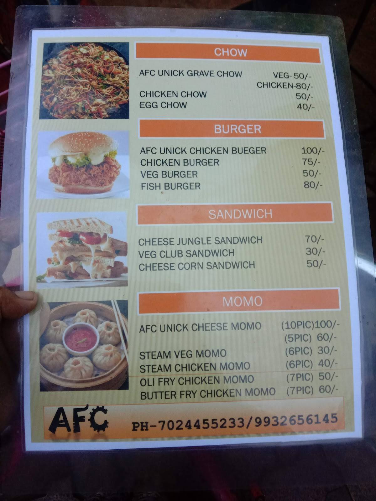 Menu at AFC, Memari
