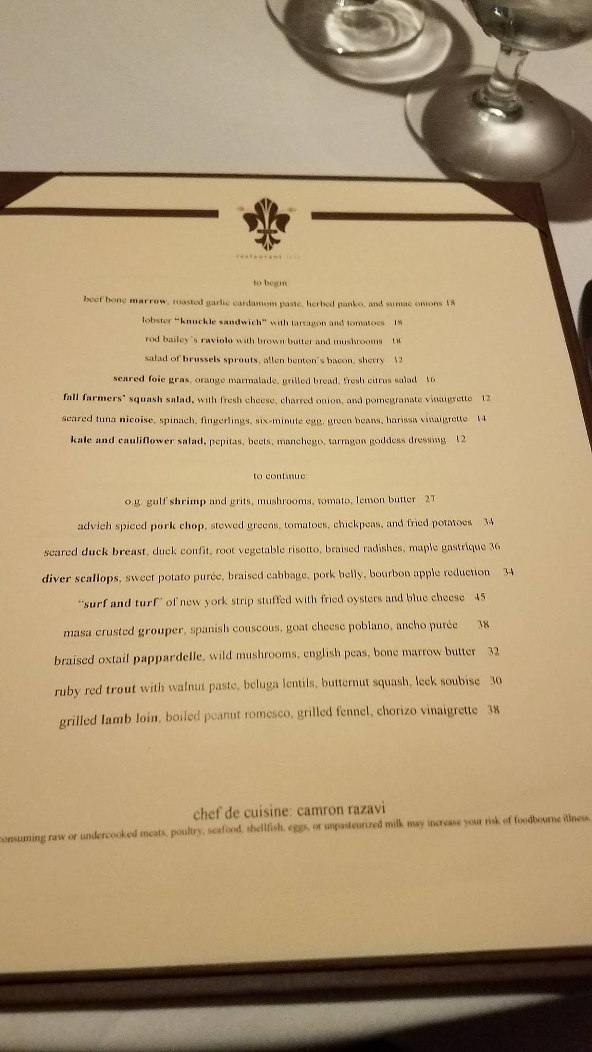 Menu at Iris restaurant, Memphis