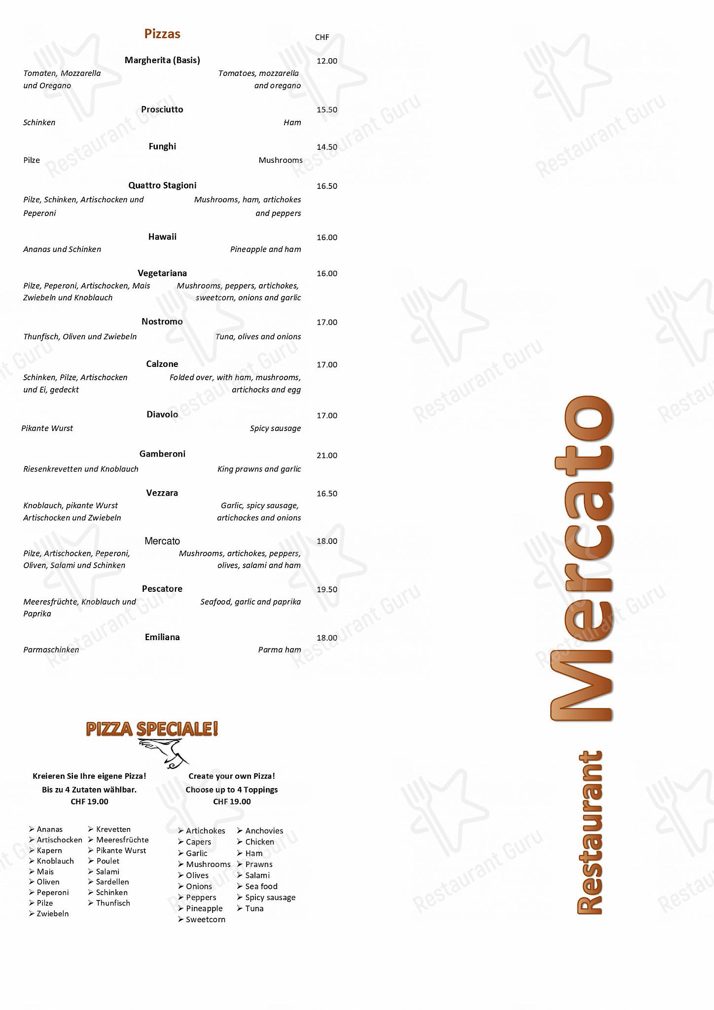 Menu at Mercato, Interlaken