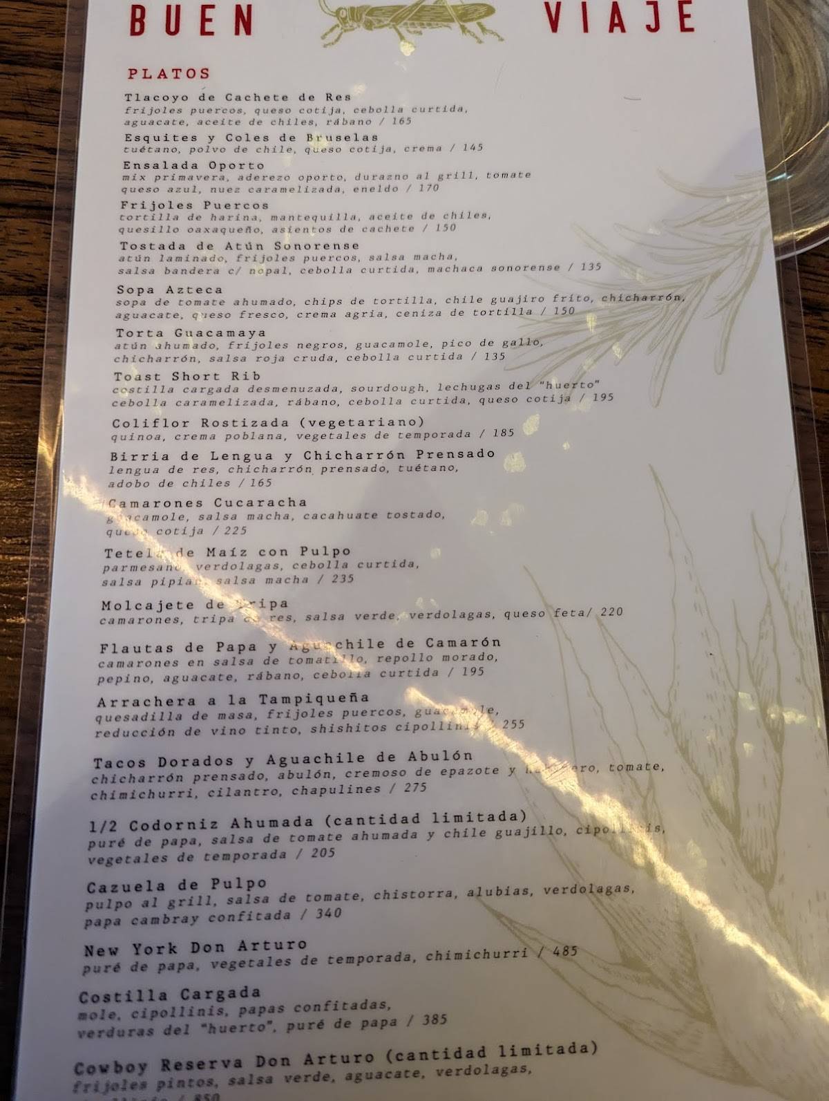 Carta del restaurante Mestizo (La Gran Vía), Mexicali