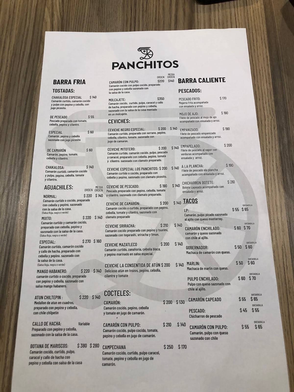 Carta de Panchitos Restaurant, Mexicali