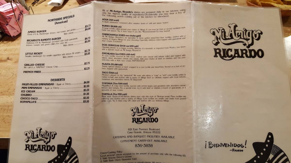 Menu at Mi Amigo Ricardo restaurant, Casa Grande