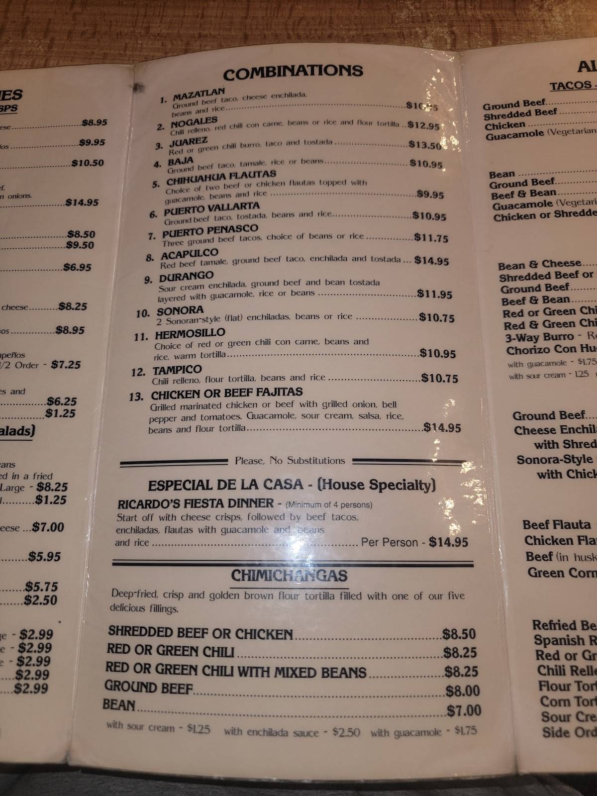 Menu at Mi Amigo Ricardo restaurant, Casa Grande