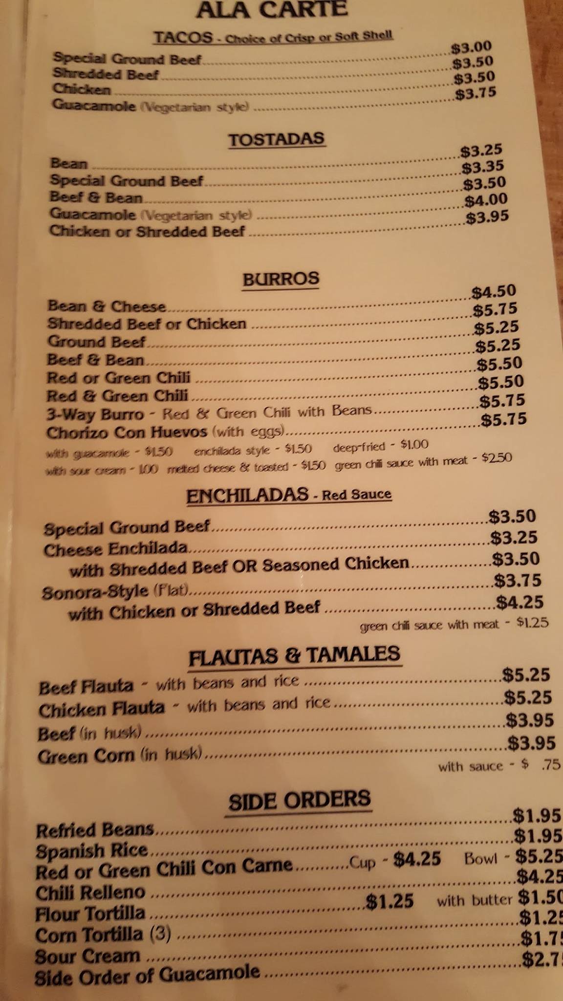 Menu at Mi Amigo Ricardo restaurant, Casa Grande