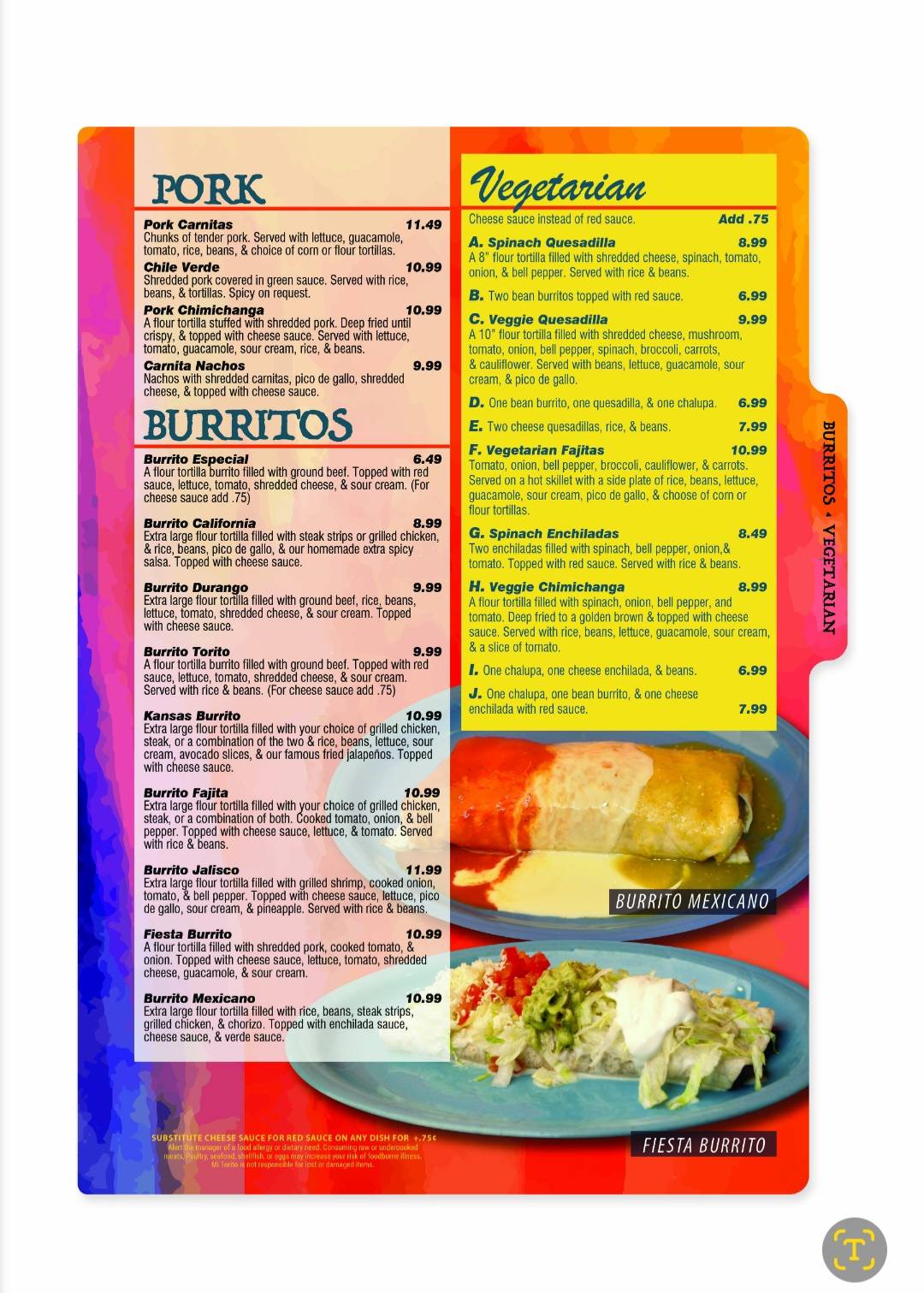 Menu at Mi Torito Mexican Restaurant Galena, Galena