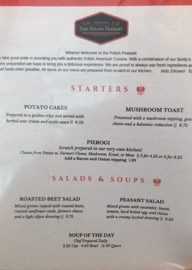 Menu at Kolasa’s Restaurant (The Polish Peasant), Michigan City