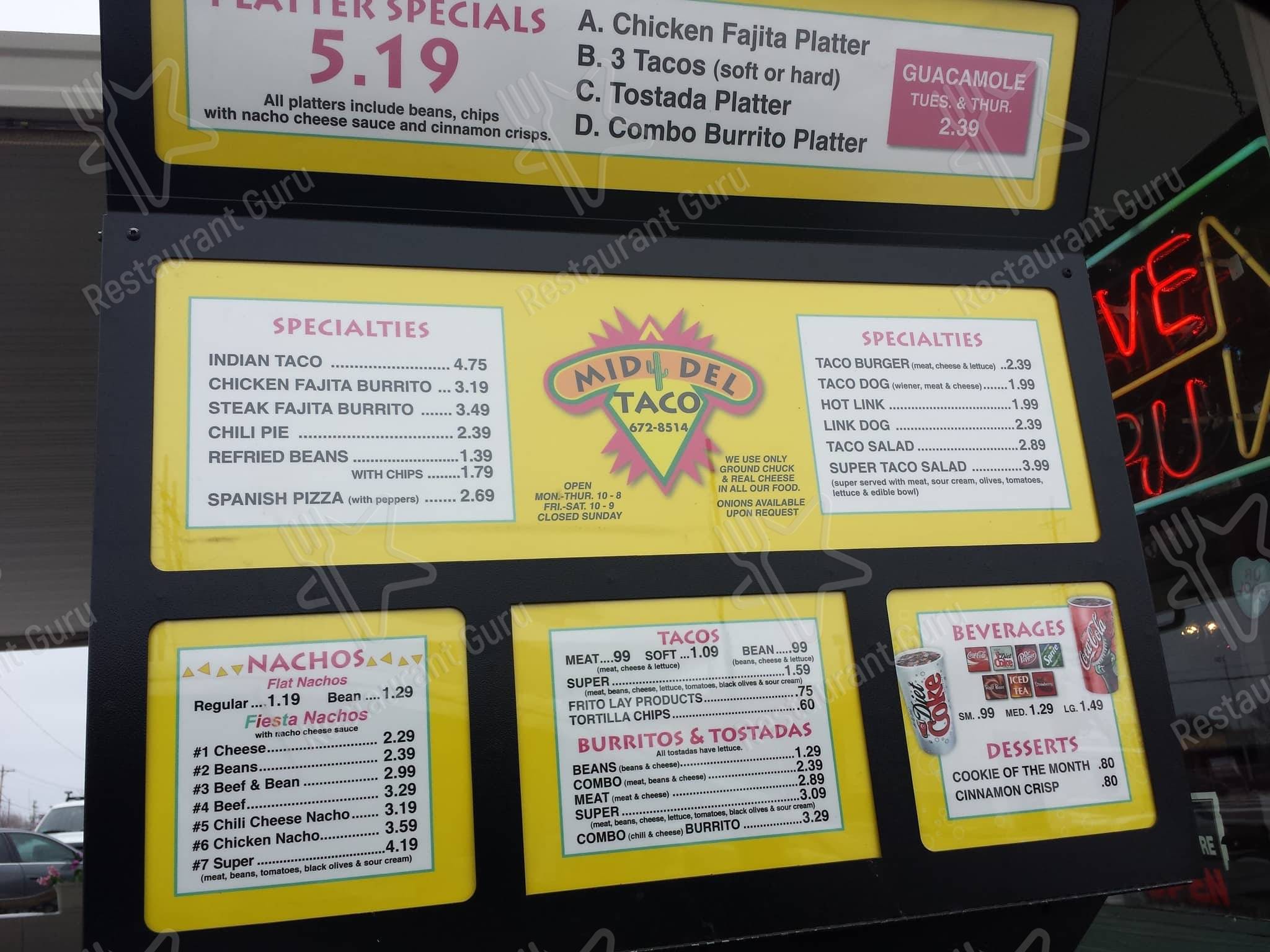 Menu at Mid Del Taco Inc restaurant, Del City