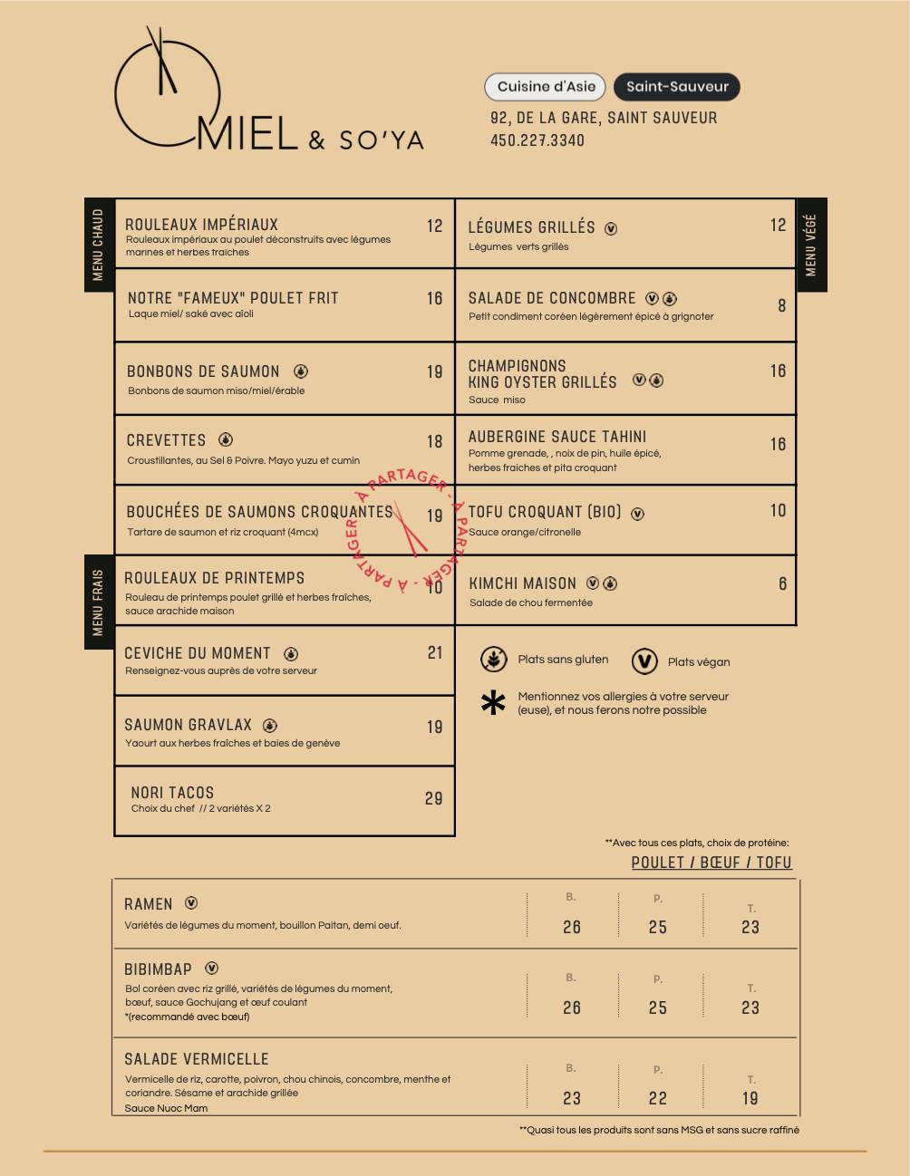 Menu at Miel & So'Ya restaurant, Saint-Sauveur